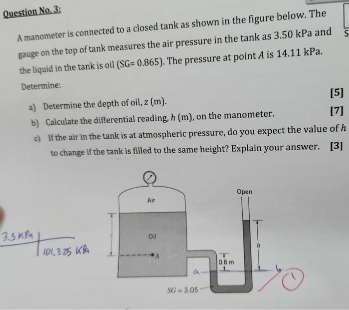 Solved Question No. 3: A manometer is connected to a closed | Chegg.com