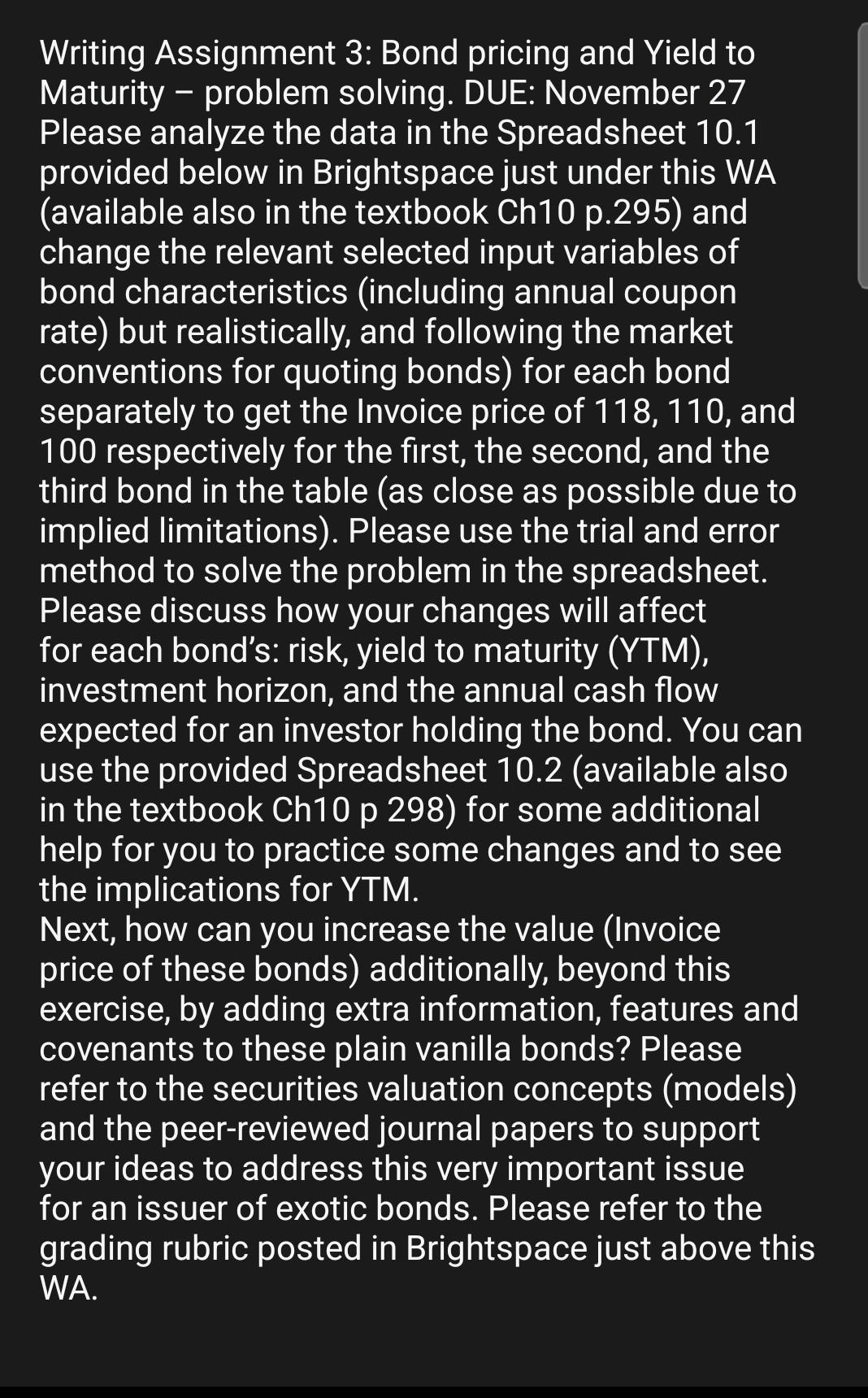 Writing Assignment 3: Bond pricing and Yield to | Chegg.com