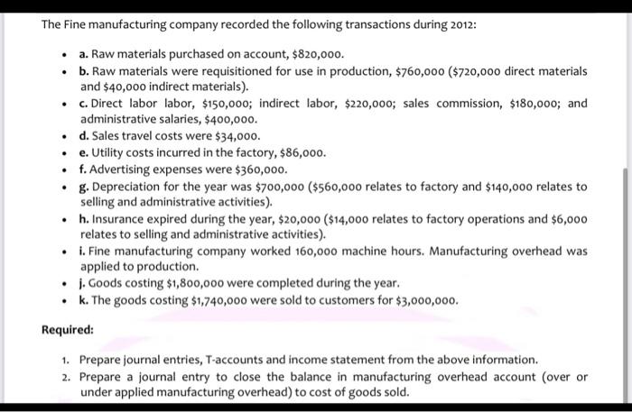 Solved The Fine manufacturing company uses job order costing | Chegg.com