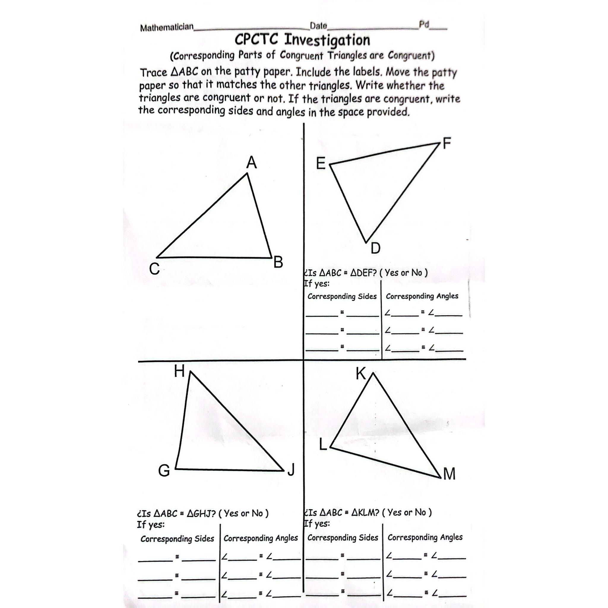 Solved MathematicianDatePdCPCTC Investigation(Corresponding | Chegg.com