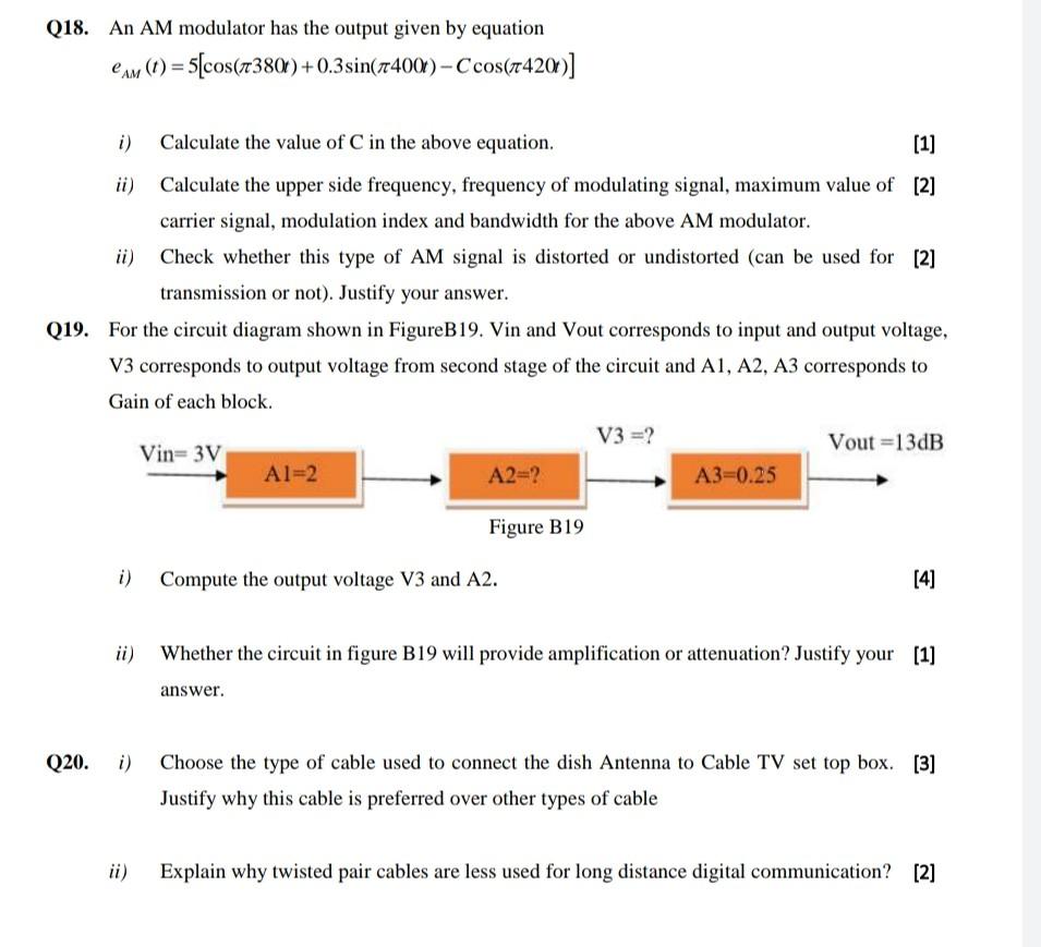 Solved Q18. An AM modulator has the output given by equation | Chegg.com