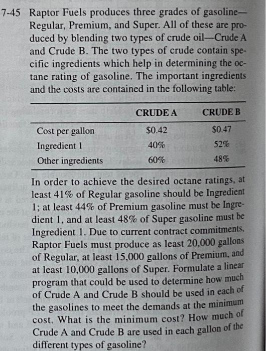 Solved 7-45 Raptor Fuels produces three grades of gasoline- | Chegg.com