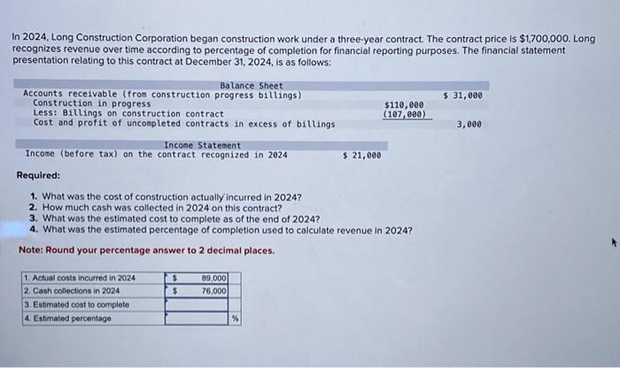 Solved In 2024, Long Construction Corporation began | Chegg.com