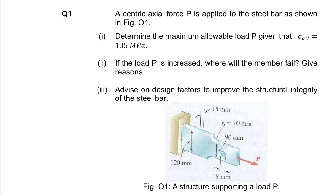 Solved Q1 ﻿A centric axial force P is applied to the steel | Chegg.com