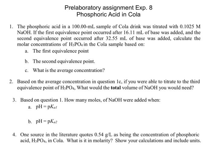 Solved Prelaboratory assignment Exp. 8 Phosphoric Acid in | Chegg.com