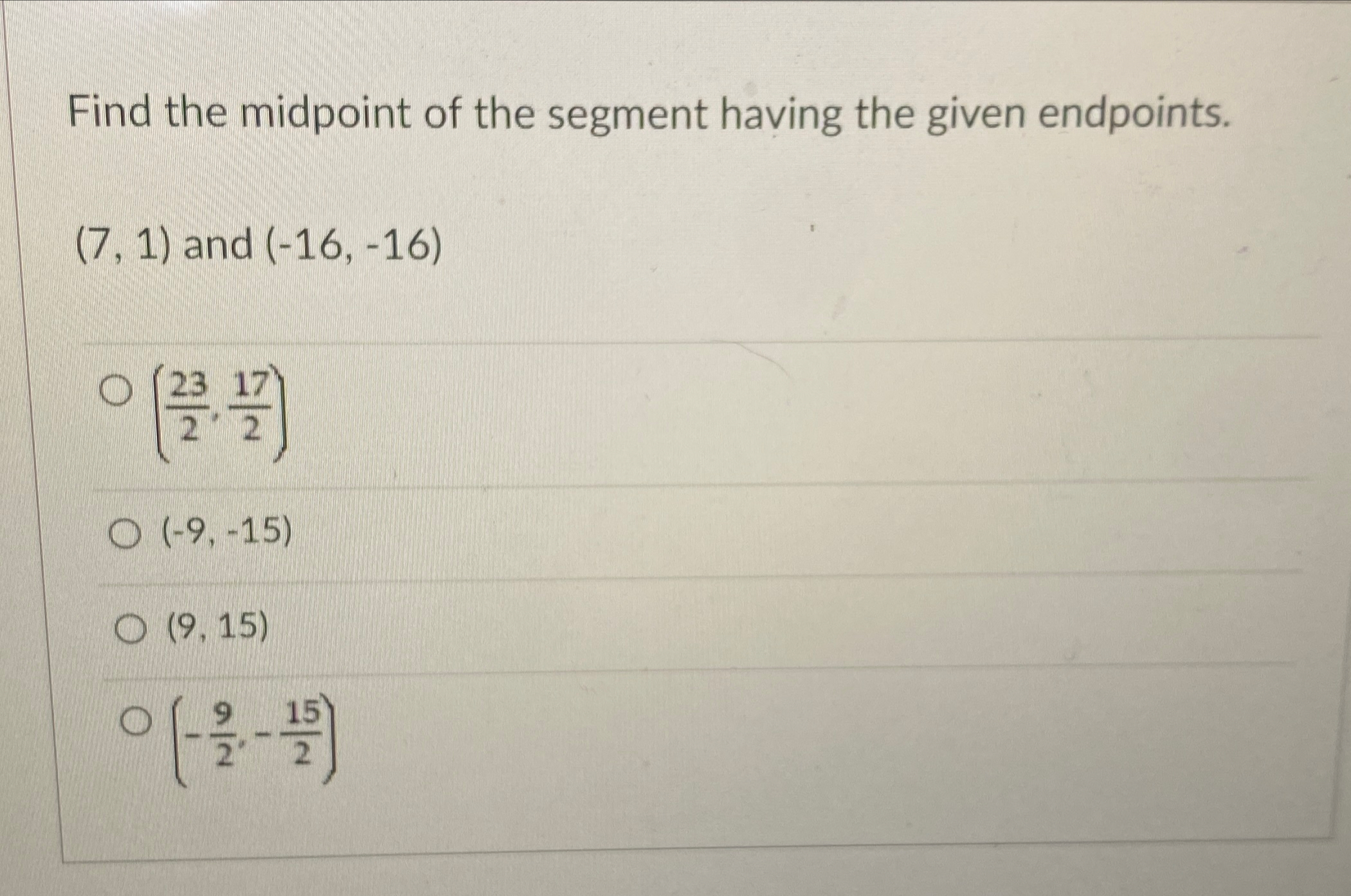 Solved Find the midpoint of the segment having the given | Chegg.com
