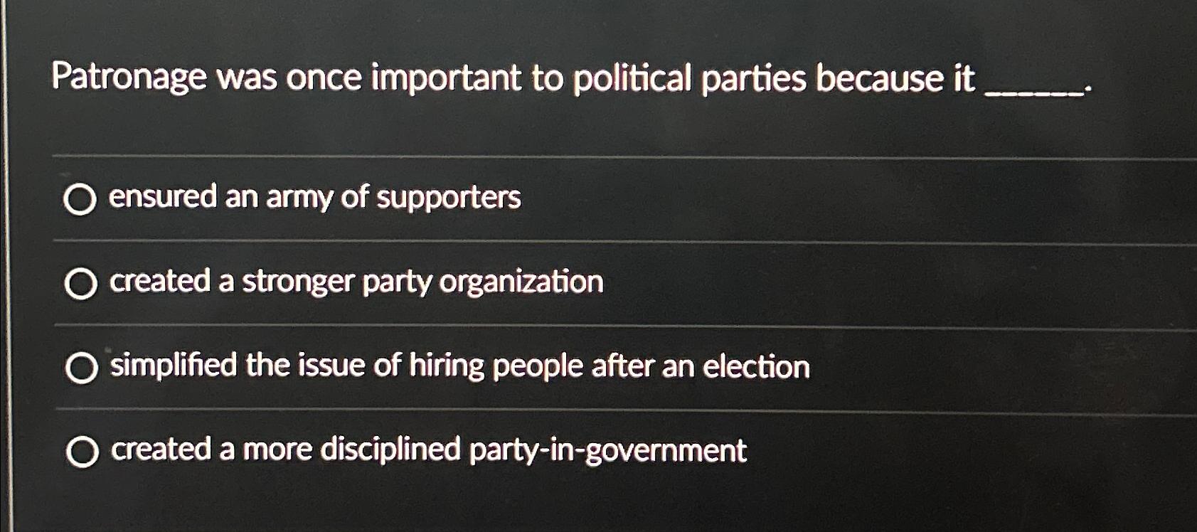 Solved Patronage was once important to political parties | Chegg.com