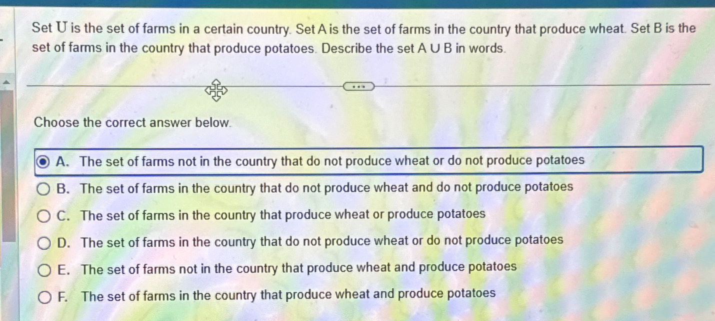 Solved Set U ﻿is the set of farms in a certain country. Set | Chegg.com