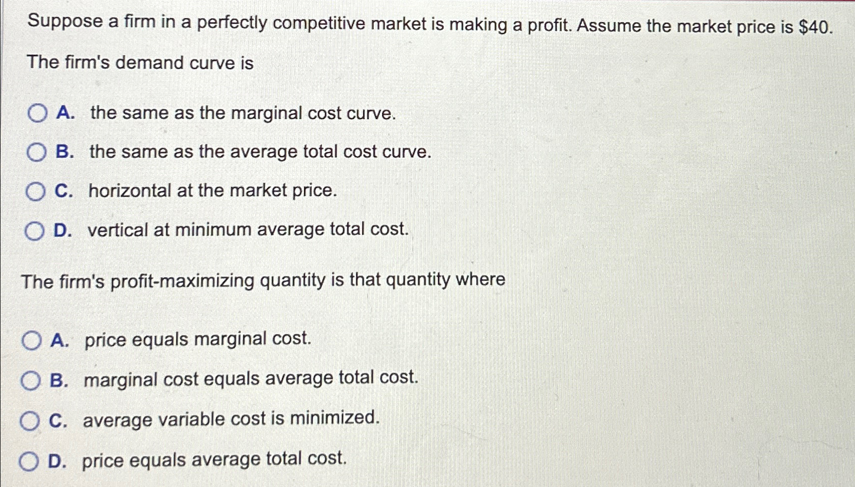 Solved Suppose a firm in a perfectly competitive market is | Chegg.com