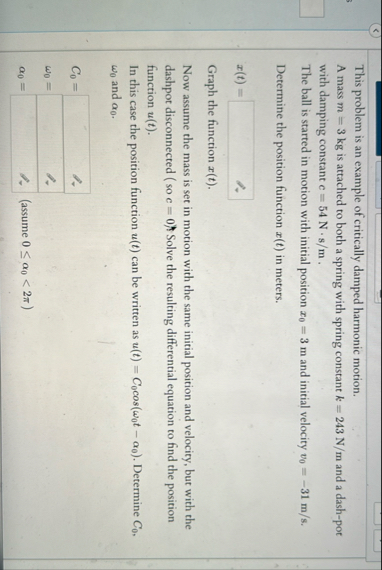 Solved This problem is an example of critically damped | Chegg.com