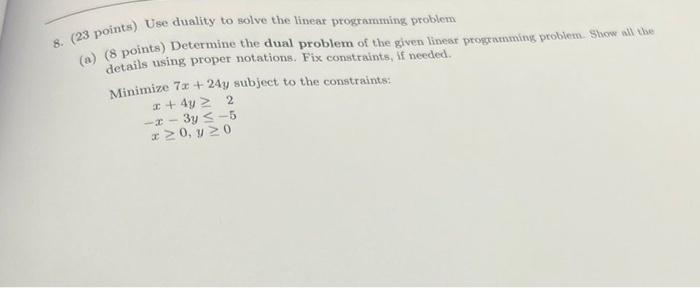 Solved 8. (23 points) Use duality to solve the linear | Chegg.com