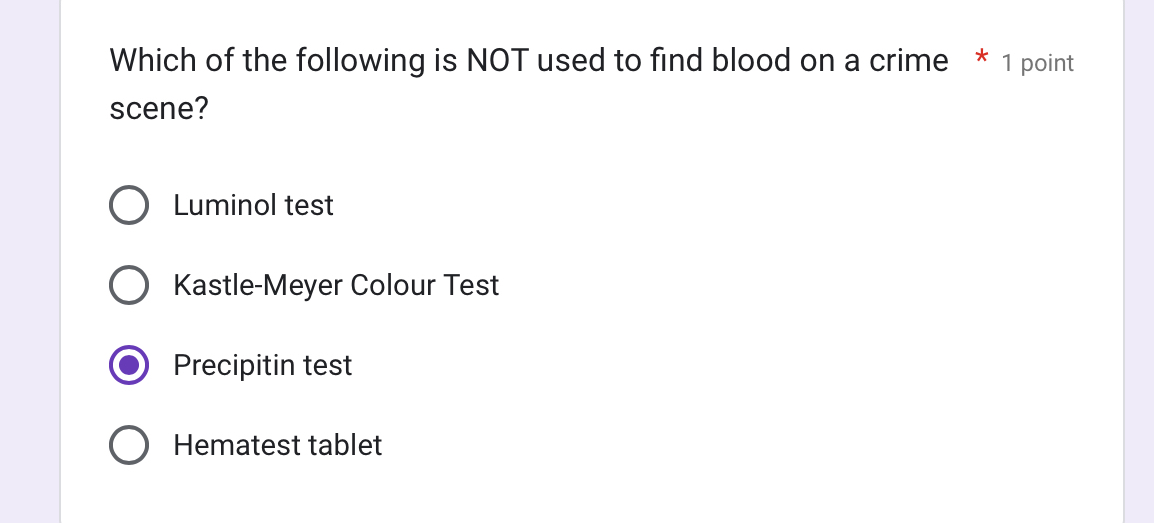 Solved Which of the following is NOT used to find blood on a | Chegg.com