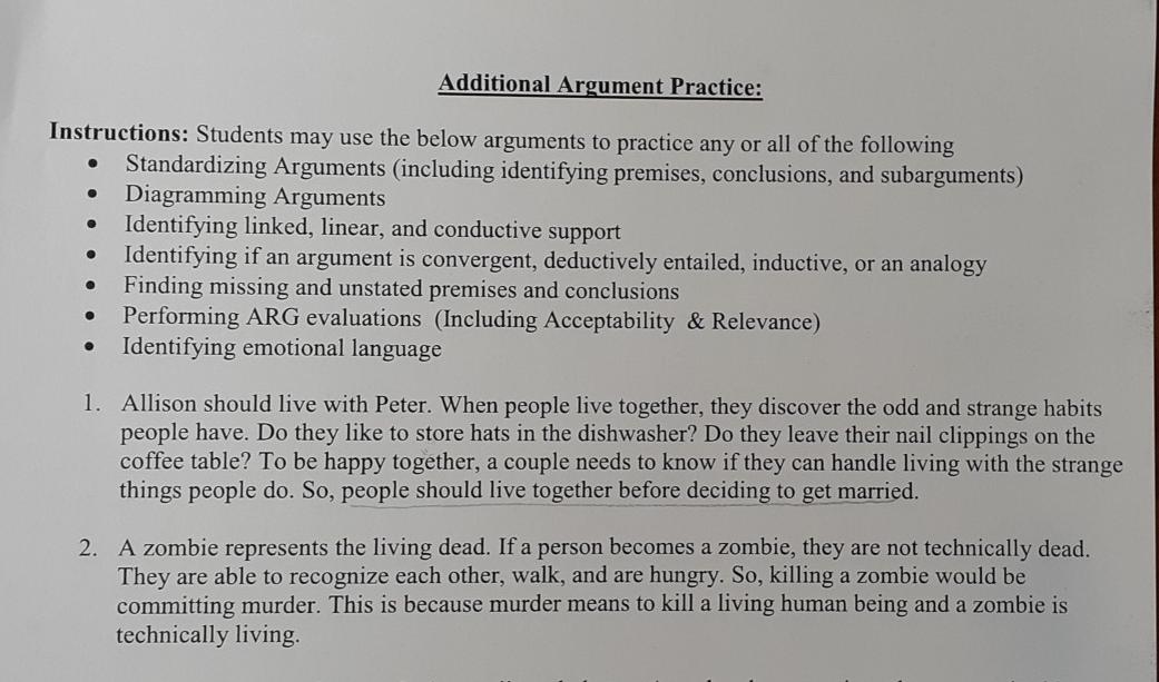 Solved Additional Argument Practice: Instructions: Students | Chegg.com