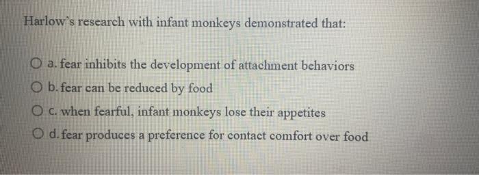 Solved Harlow's research with infant monkeys demonstrated | Chegg.com