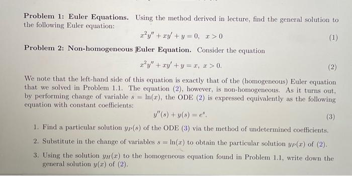Solved Problem 1: Euler Equations. Using the method derived | Chegg.com