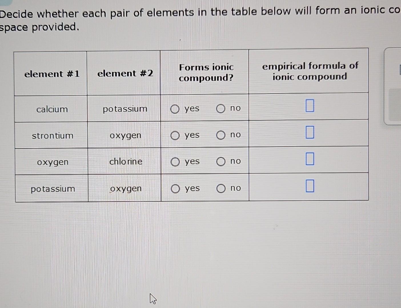 Solved Decide whether each pair of elements in the table | Chegg.com