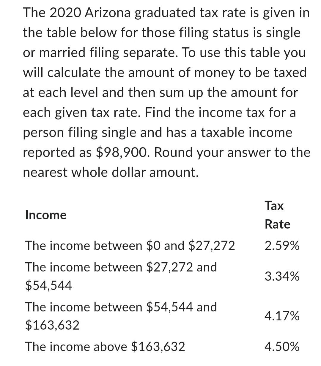 Solved The 2020 Arizona graduated tax rate is given in the | Chegg.com
