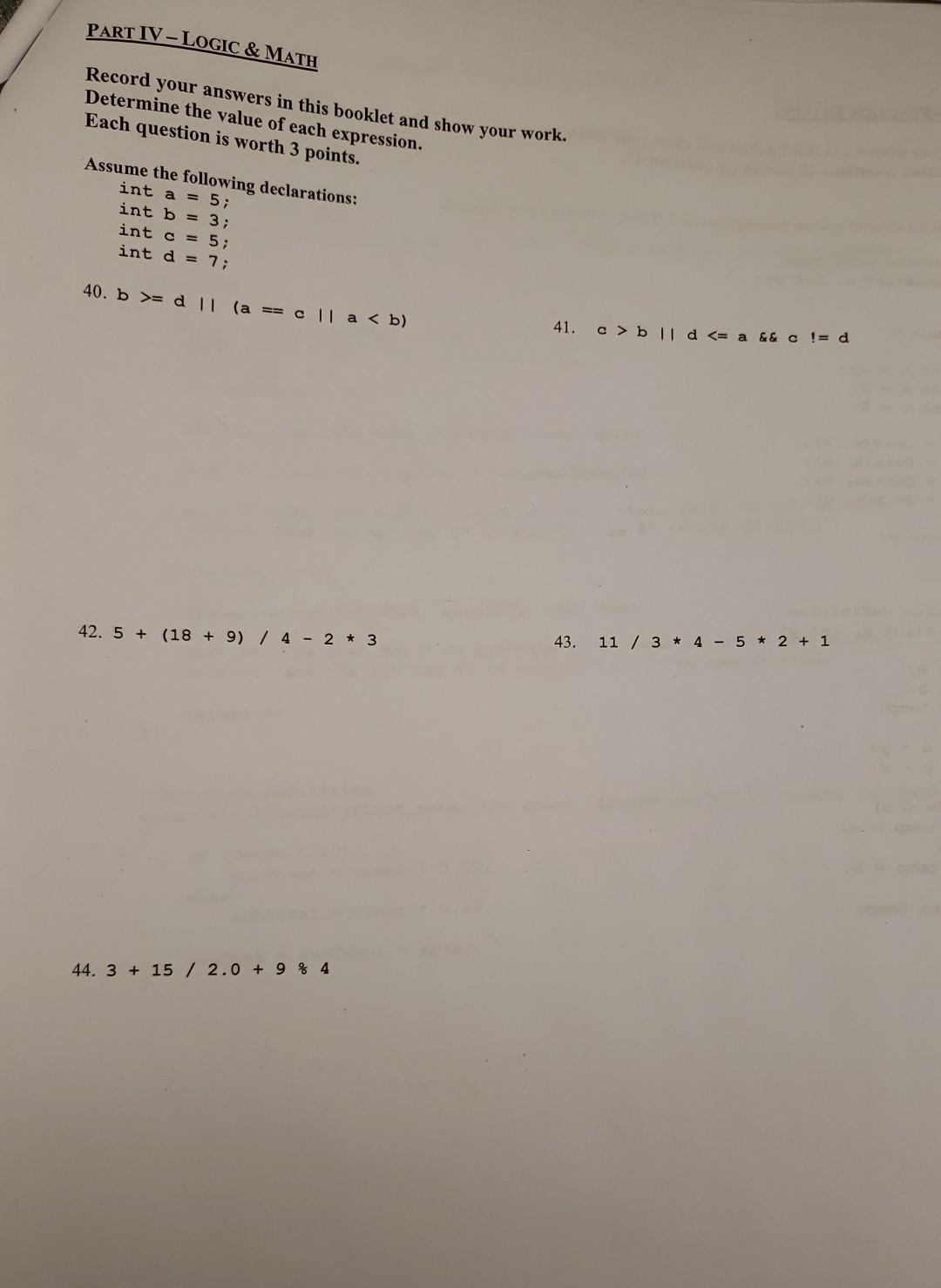 Solved PART IV-LOGIC & MATH Record your answers in this | Chegg.com