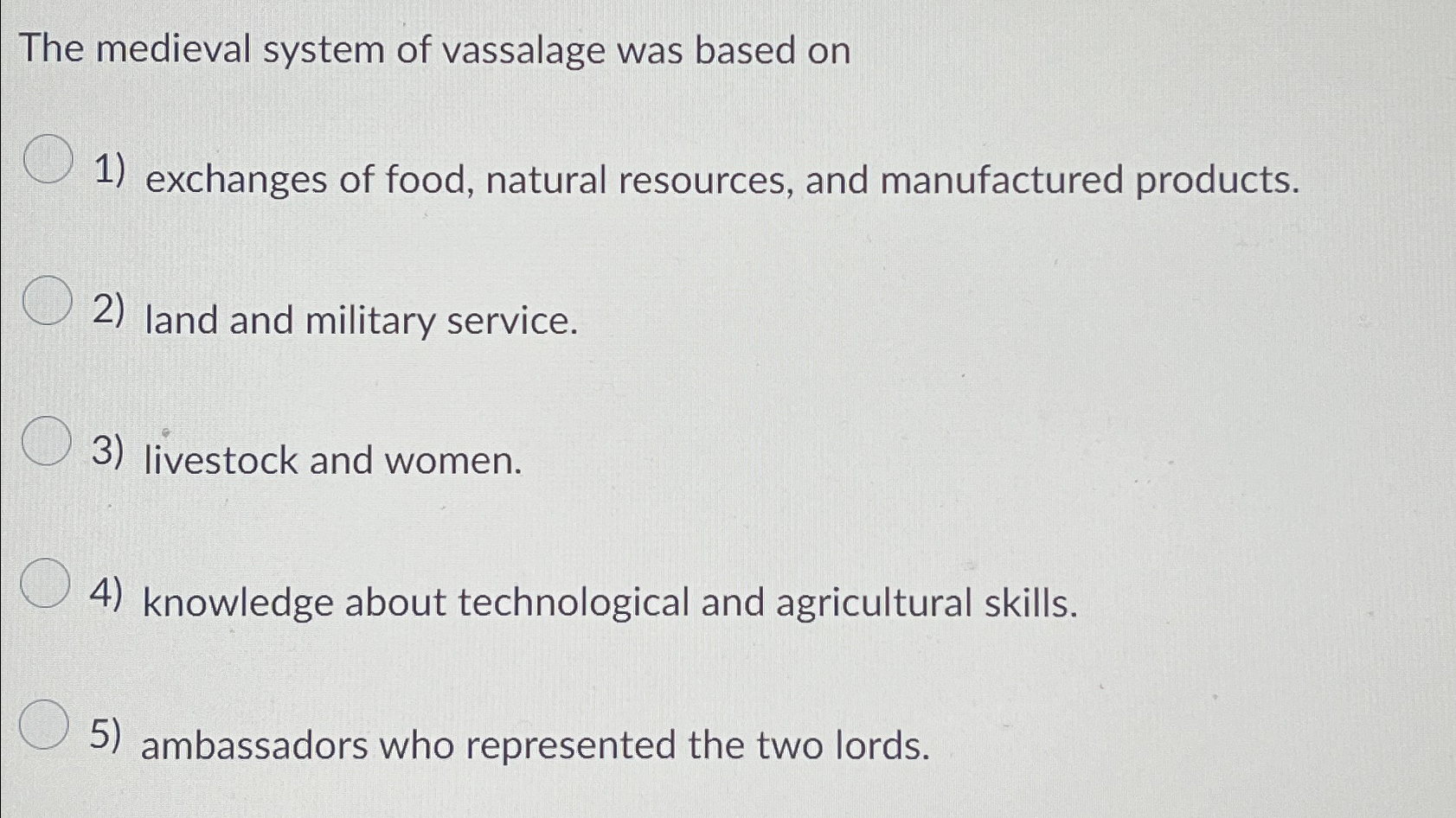 Solved The medieval system of vassalage was based on 1) | Chegg.com