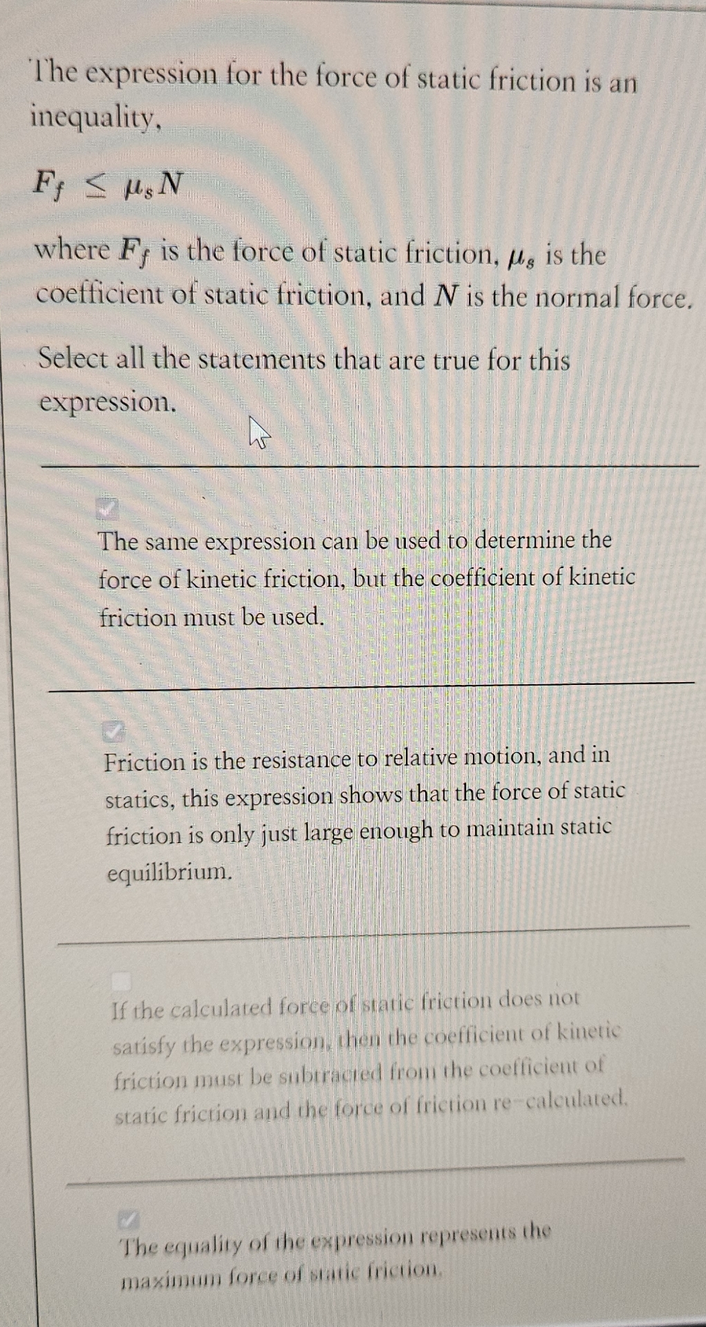 Solved The expression for the force of static friction is an | Chegg.com