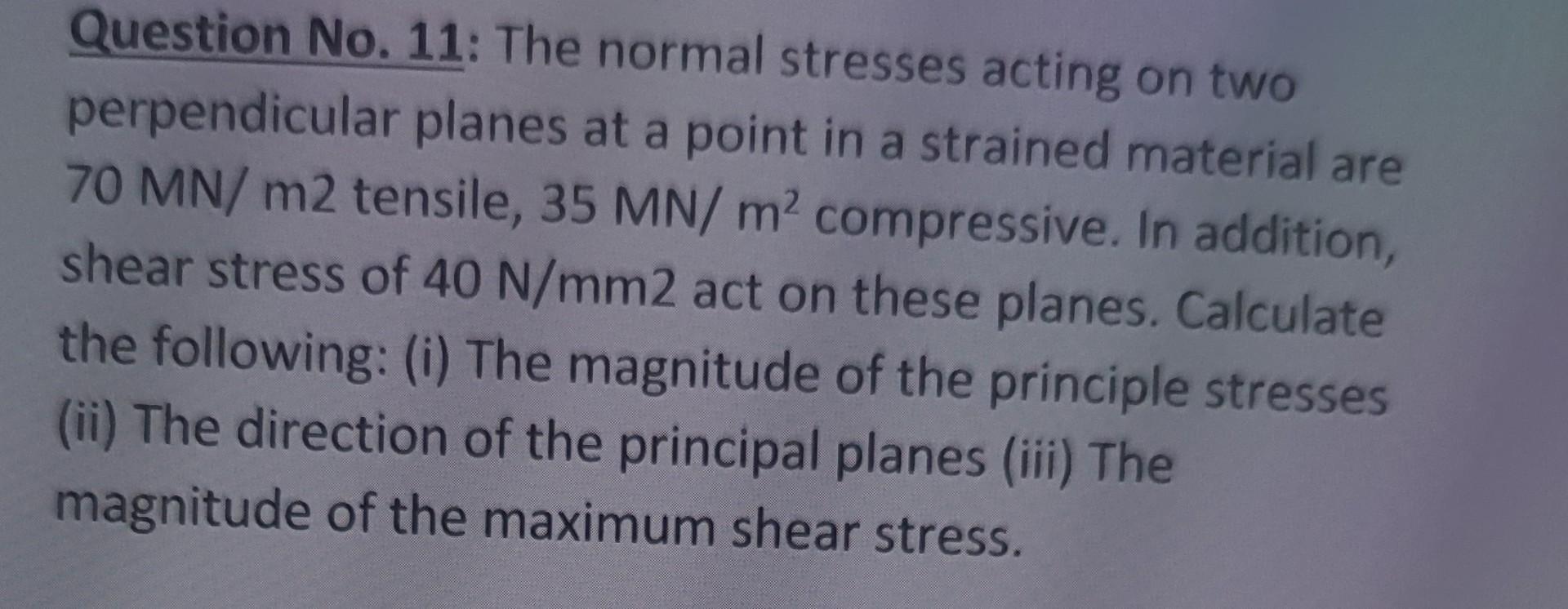 Solved Question No. 11: The normal stresses acting on two | Chegg.com