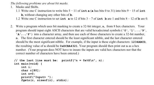 Solved The following problems are about bit masks. 1. Masks | Chegg.com