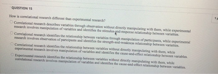 Solved QUESTION 15 1 p How is correlational research | Chegg.com