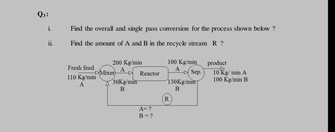 Solved Q3 : i. Find the overall and single pass conversion | Chegg.com