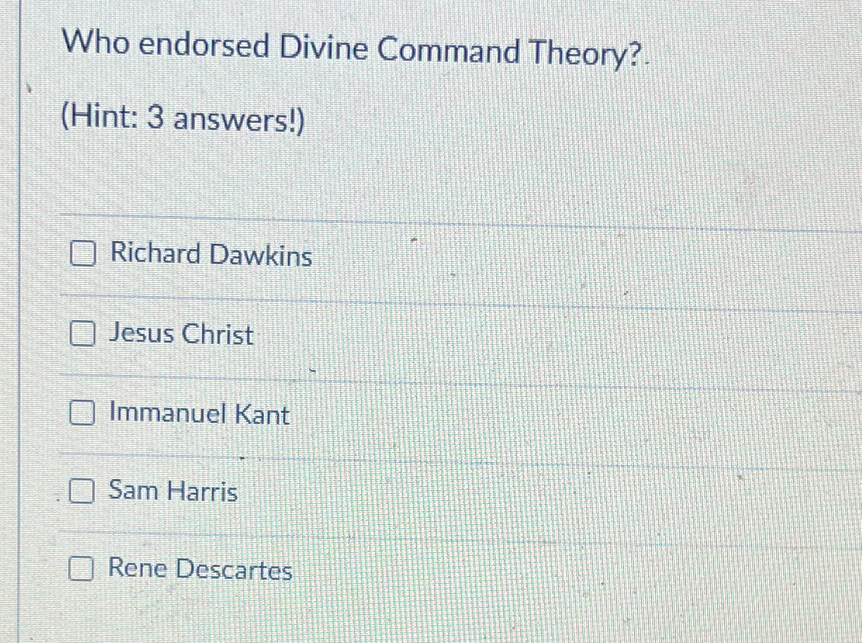Solved Who endorsed Divine Command Theory?(Hint: 3 | Chegg.com