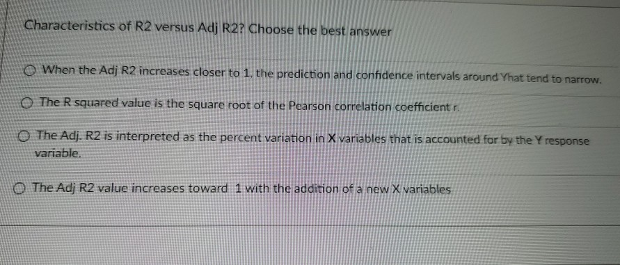 Solved Characteristics of R2 versus Adj R2? Choose the best | Chegg.com