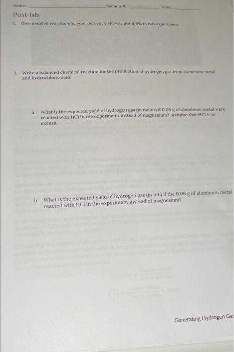 Solved Date Name: Section Data Collecting hydrogen gas from | Chegg.com