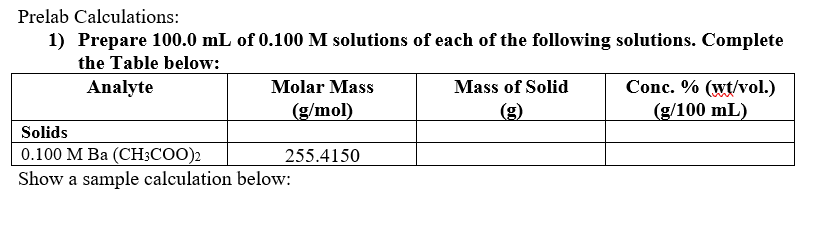 Solved Prelab Calculations:Prepare 100.0mL ﻿of 0.100M | Chegg.com
