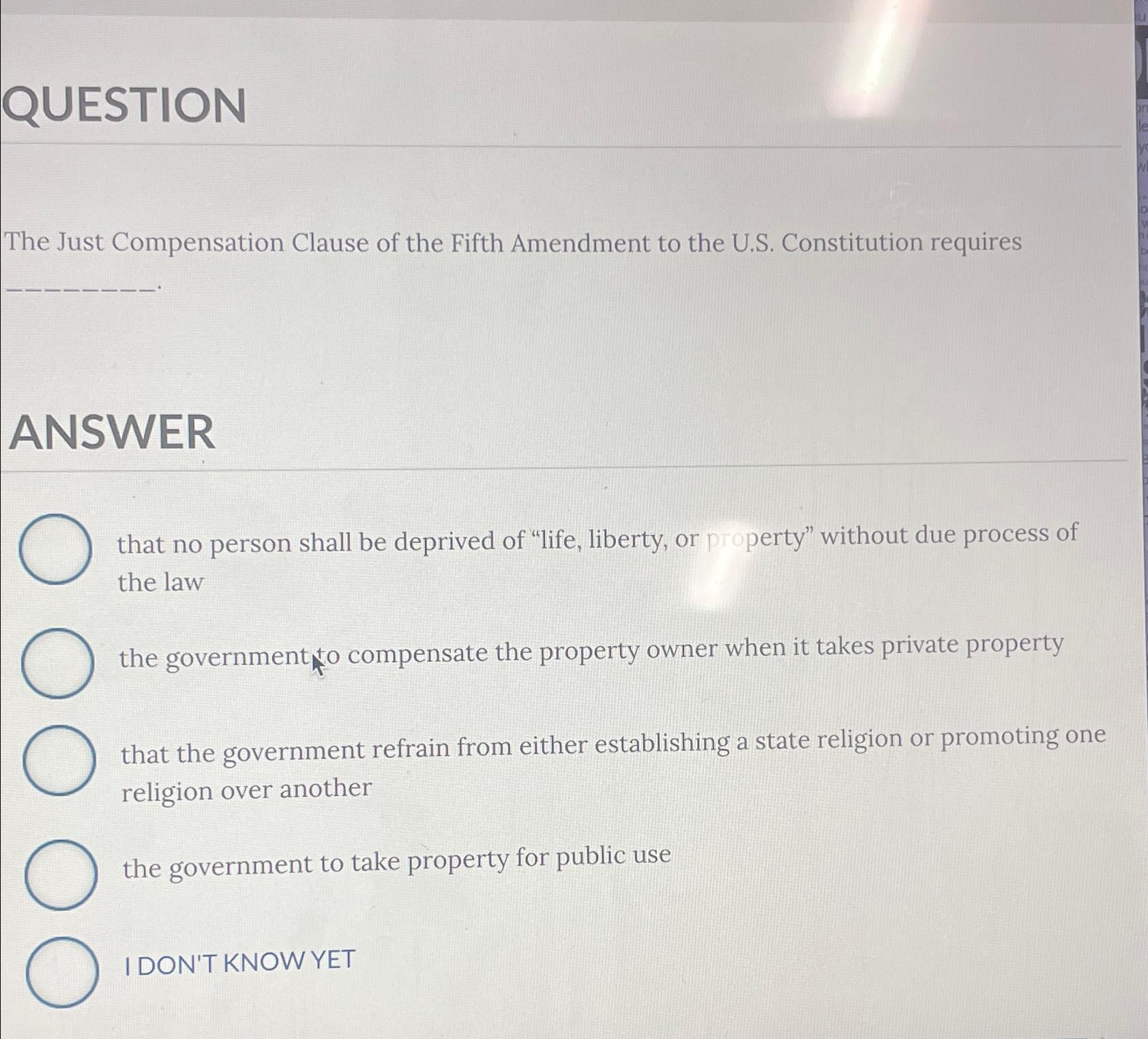 Solved QUESTIONThe Just Compensation Clause of the Fifth | Chegg.com