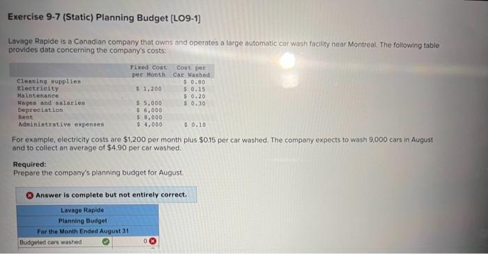 Solved Exercise 9-7 (Static) Planning Budget [LO9-1] Lavage | Chegg.com