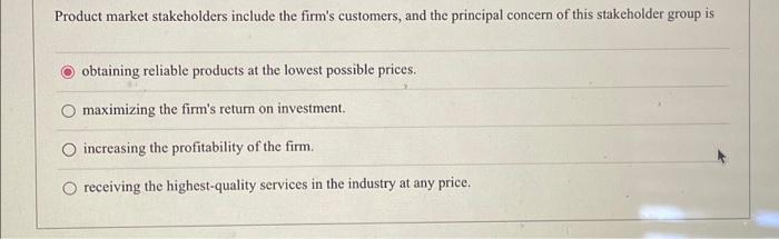 Product market stakeholders include the firm's | Chegg.com