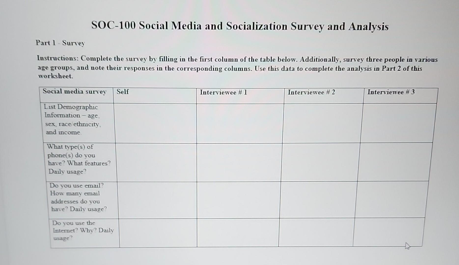 SOC-100 Social Media and Socialization Survey and | Chegg.com