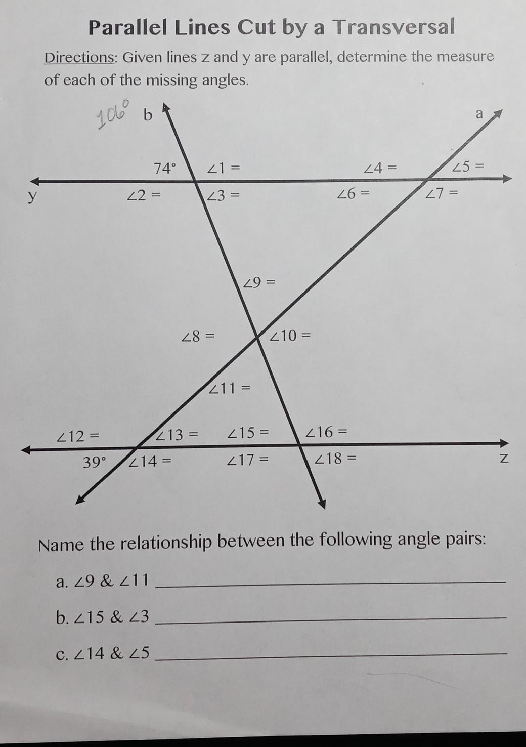 Solved Parallel Lines Cut by a Transversal Directions: Given | Chegg.com