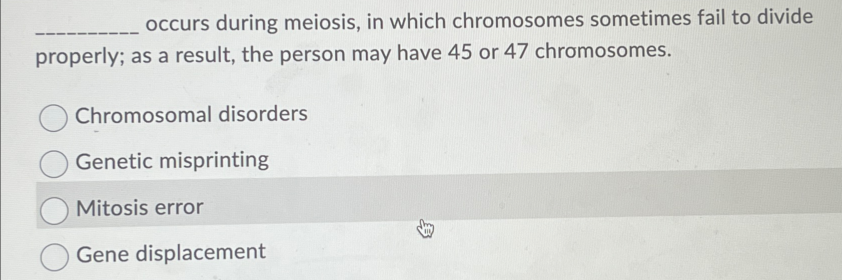 Solved q, ﻿occurs during meiosis, in which chromosomes | Chegg.com
