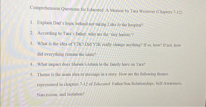 Comprehension Questions for Educated: A Memoir by | Chegg.com