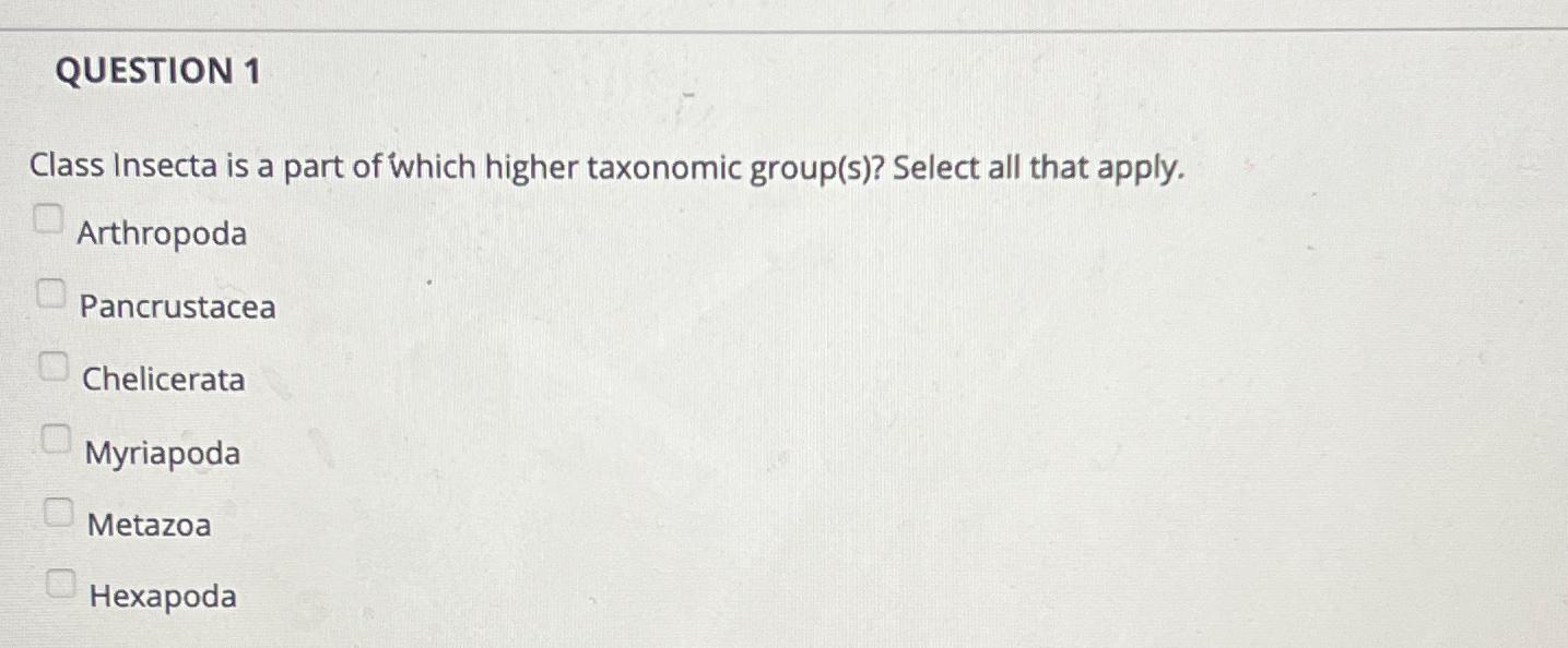Solved QUESTION 1Class Insecta is a part of which higher | Chegg.com