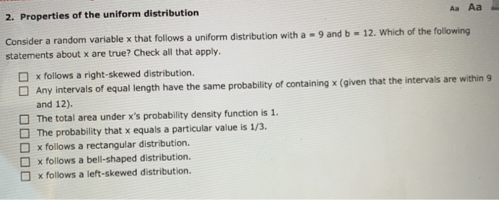 Solved 2. Properties of the uniform distribution Aa Aa | Chegg.com