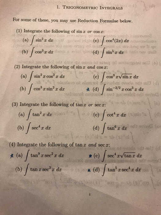Solved 1. TRIGONOMETRIC INTEGRALS For some of these, you may | Chegg.com