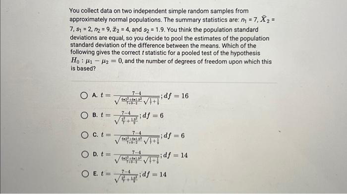 Solved You collect data on two independent simple random | Chegg.com