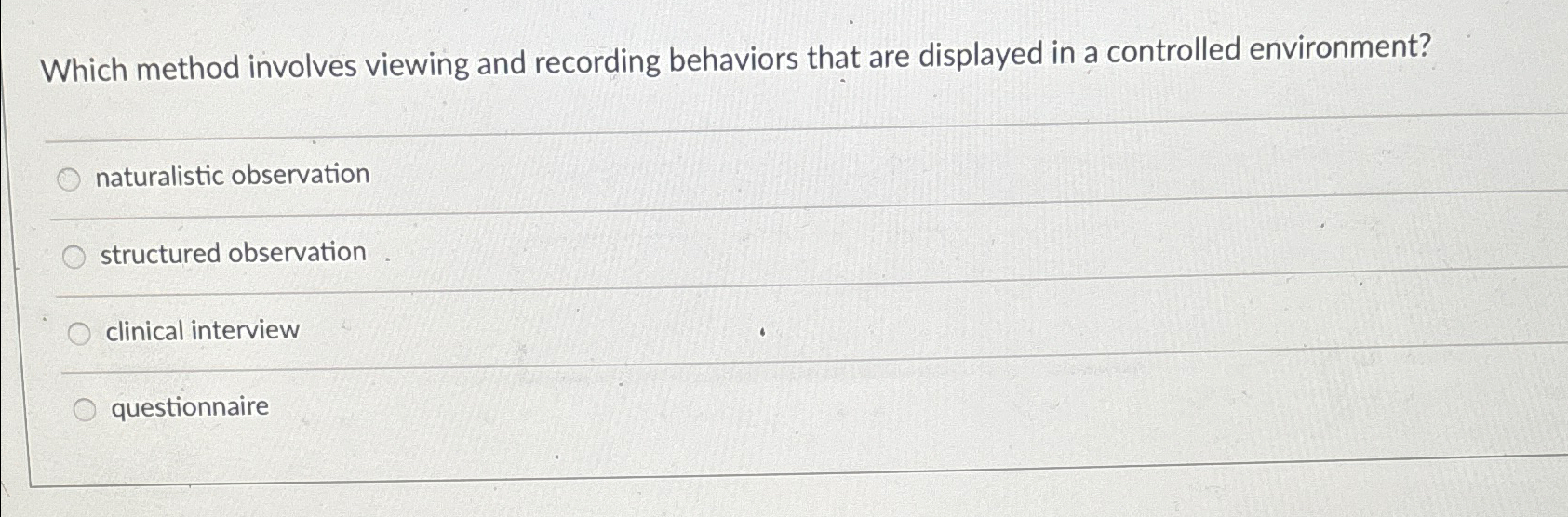 Solved Which method involves viewing and recording behaviors | Chegg.com