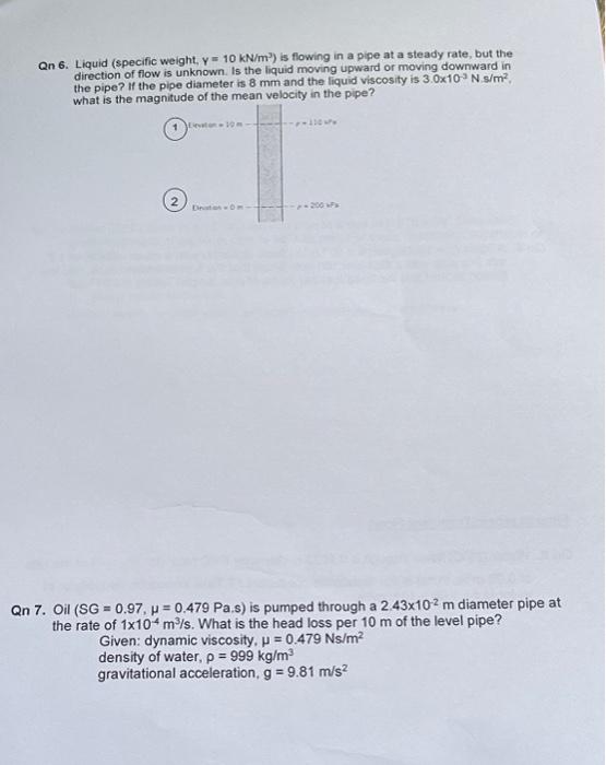 Solved Qn 6. Liquid (specific weight, y=10kN/m3 ) is flowing | Chegg.com