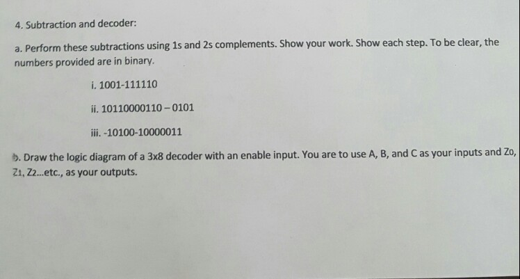 Solved 4. Subtraction and decoder: a. Perform these | Chegg.com