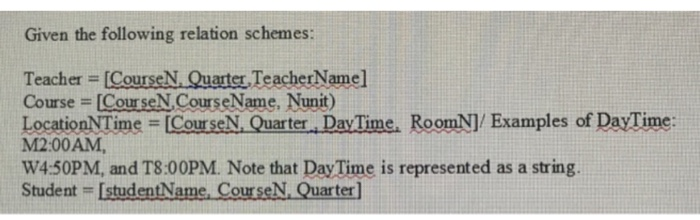 Solved Given the following relation schemes: Teacher | Chegg.com