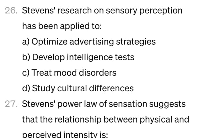 Solved Stevens' research on sensory perception has been | Chegg.com