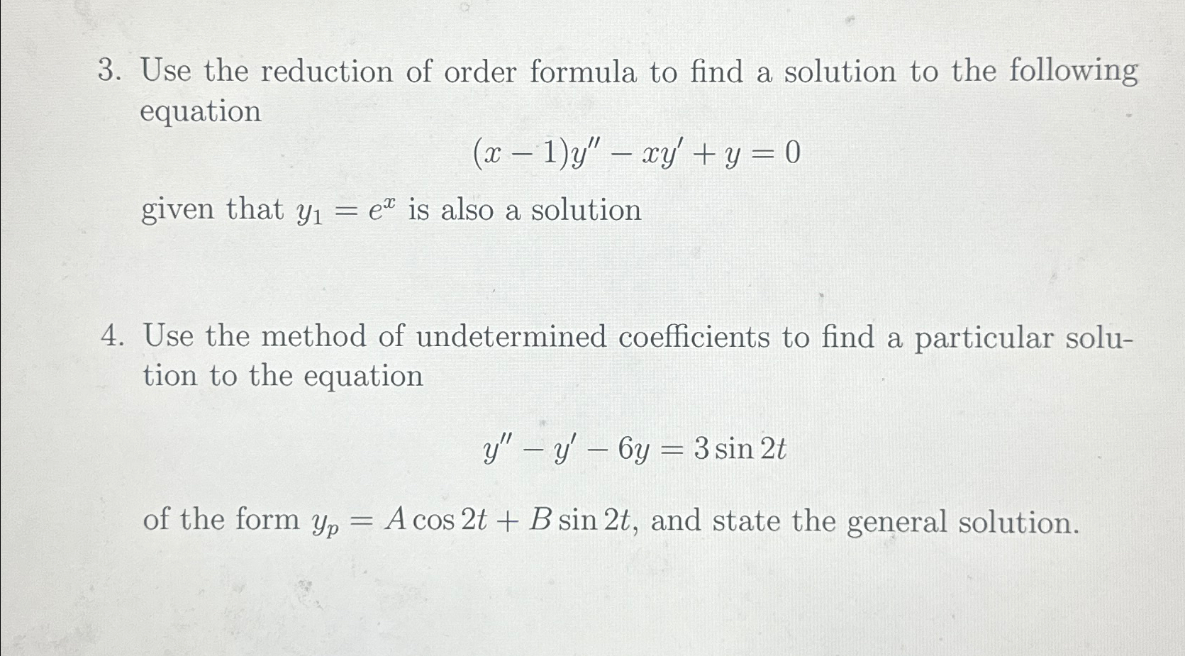 Use the reduction of order formula to find a solution | Chegg.com