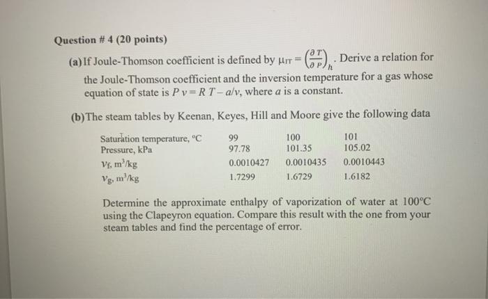 Solved Question #4 (20 points) (a) If Joule-Thomson | Chegg.com